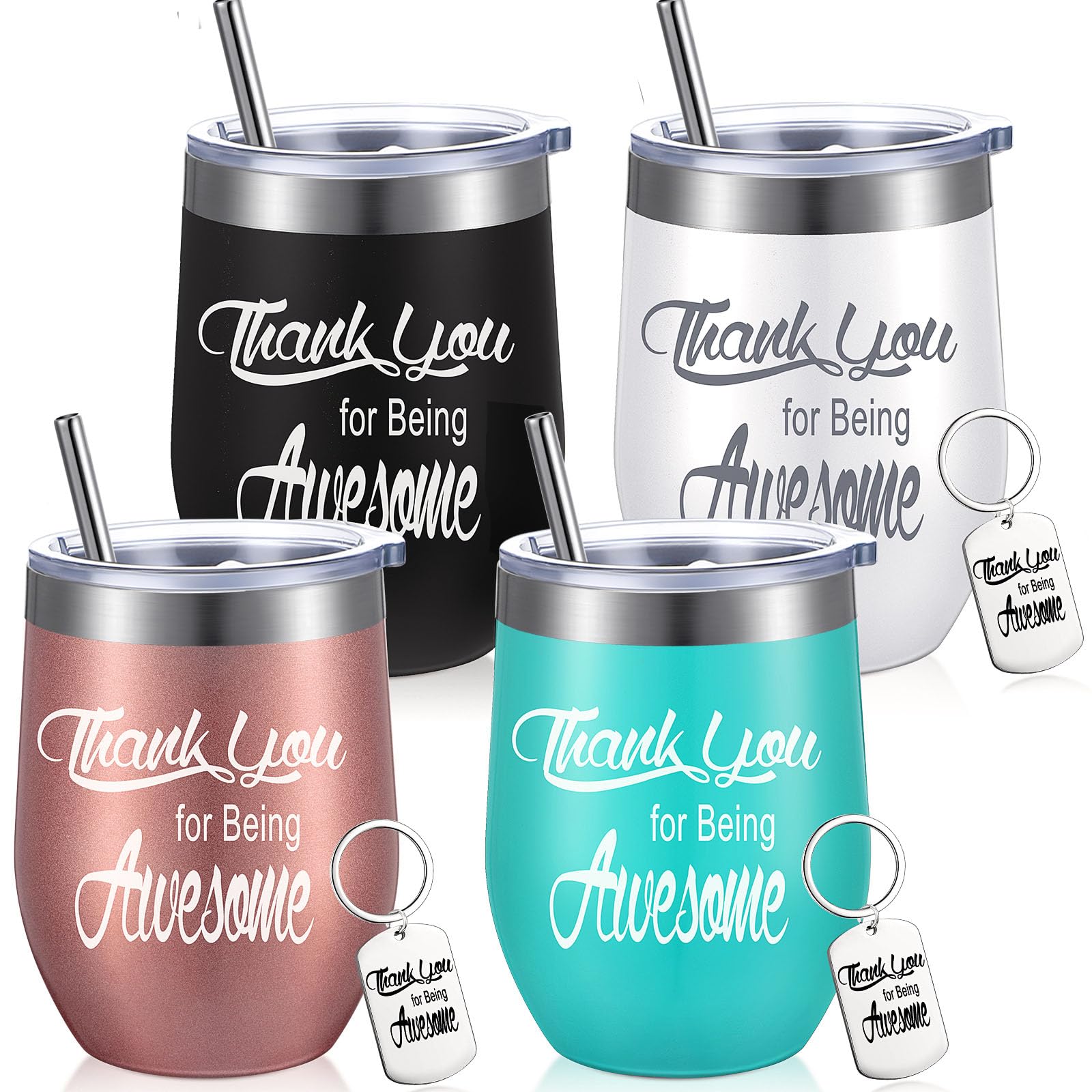 Appreciation Gifts Thank You for Being Awesome Wine Tumbler Thank You Gifts for Women Staff Employee Inspirational Appreciation Keychain, Stainless Steel Tumbler(Multicolor,4 Sets)