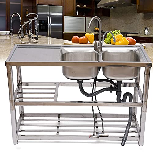 Commercial Kitchen Sink, Free Standing Stainless Steel 2 Compartment Utility Sink with Drainer Unit & Faucets Kitchen Prep Table Outdoor Sink for Garage, Restaurant, Kitchen, Laundry Room
