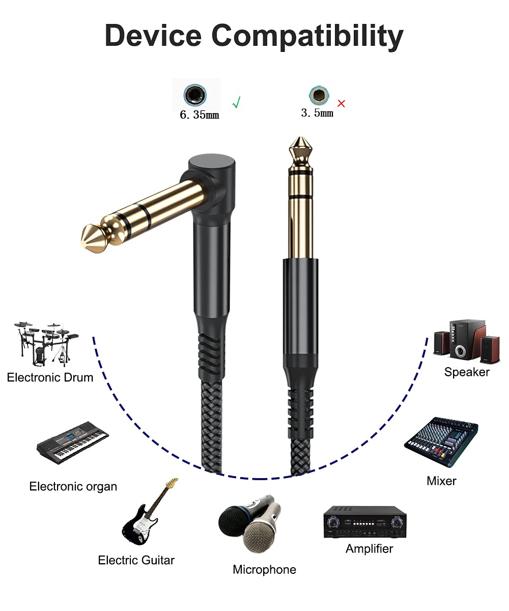 Elebase 1/4 Inch TRS Instrument Cable 20ft 2-Pack,Right-Angled to Straight 6.35mm Male Jack Stereo Audio Cord,6.35 Balanced Interconnect Line for Electric Guitar,Bass,Keyboard,Mixer,Amplifier,Speaker