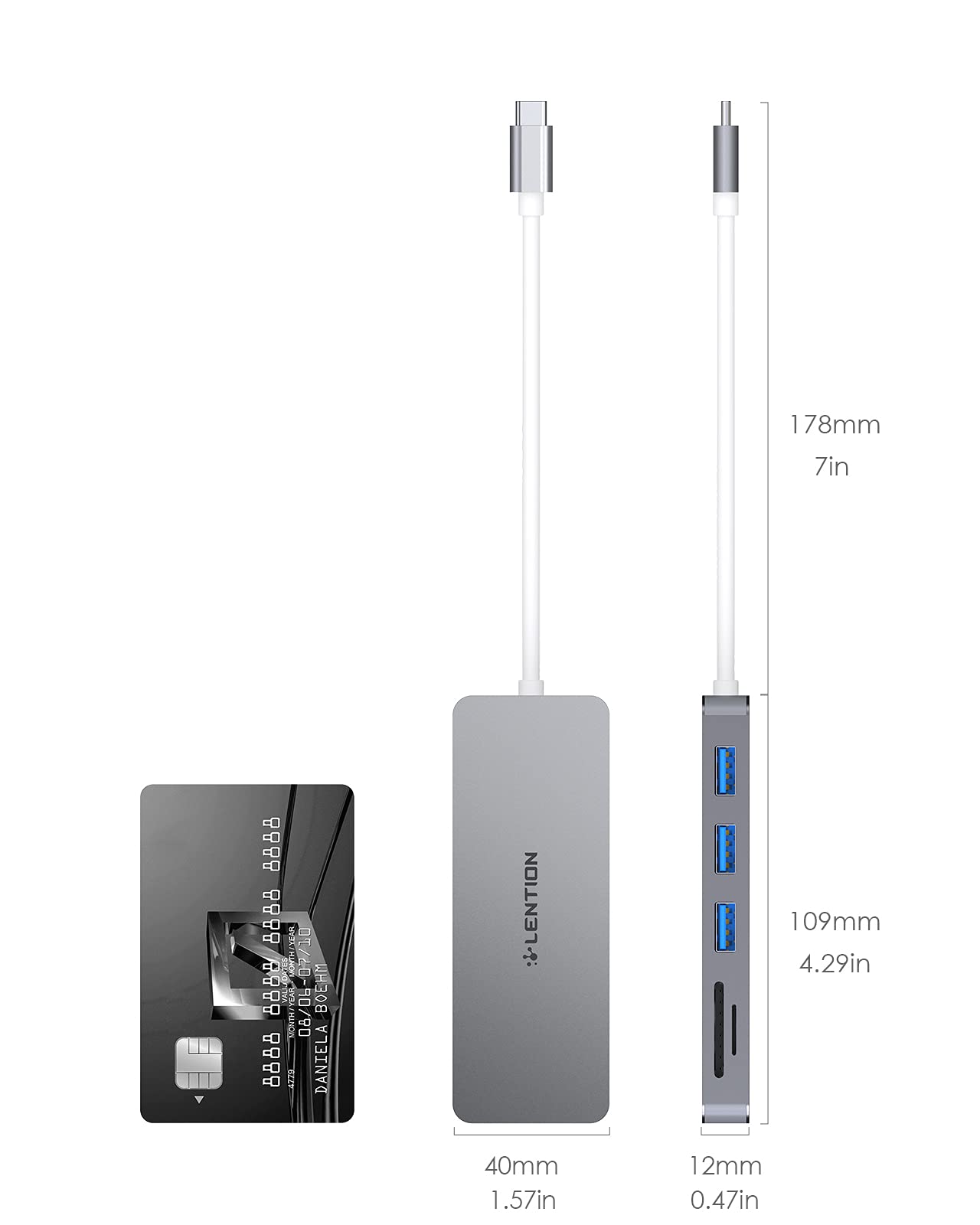 LENTION USB C Hub with 3 USB 3.0 & SD/Micro SD Card Reader Compatible Iphone15, 2023-2016 MacBook Pro, New Mac Air/iPad Pro/Surface, More, Stable Driver Certified Type C Adapter (CB-C15, Space Gray)