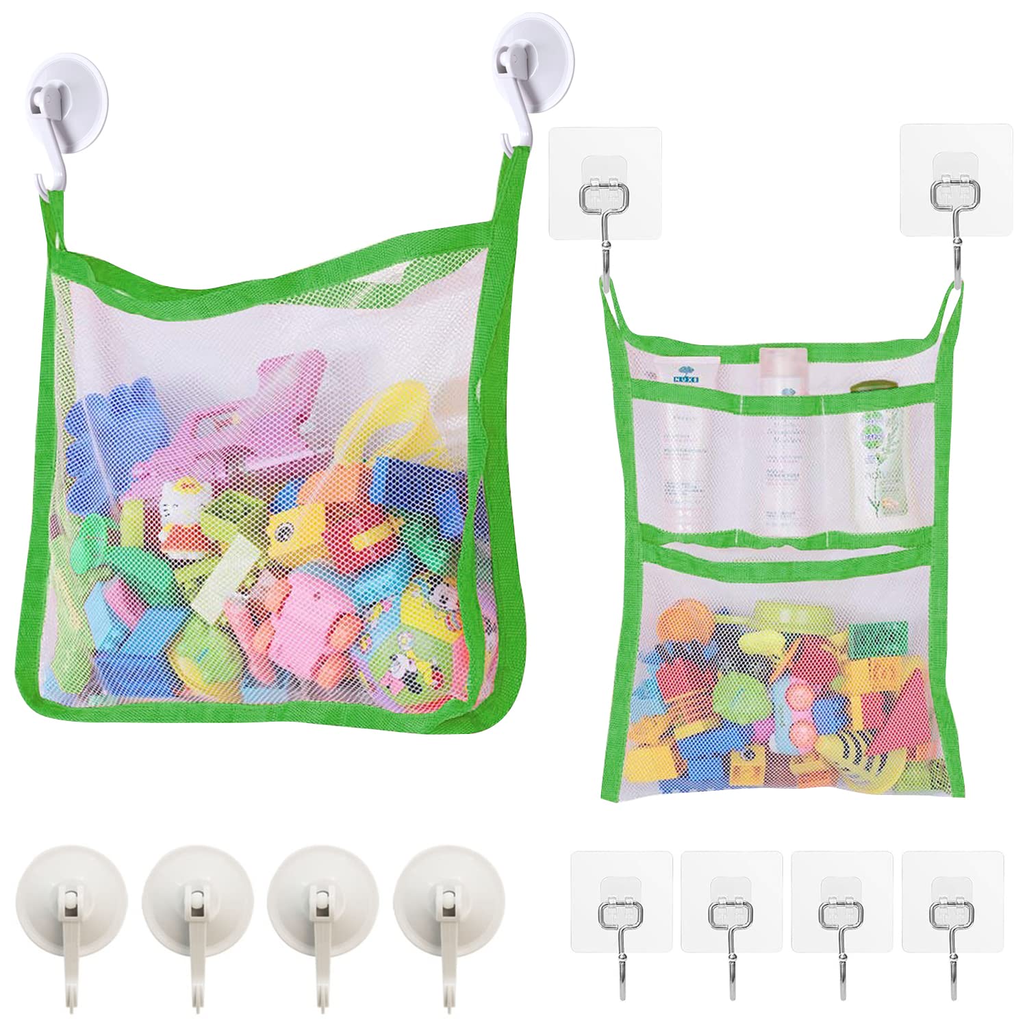 Bath Toy Organizer, SUNDOKI Toy Holder Storage Bags 2 Bath Toy Nets with and 8 Hooks for Kids, Toddlers and Adults (Green)