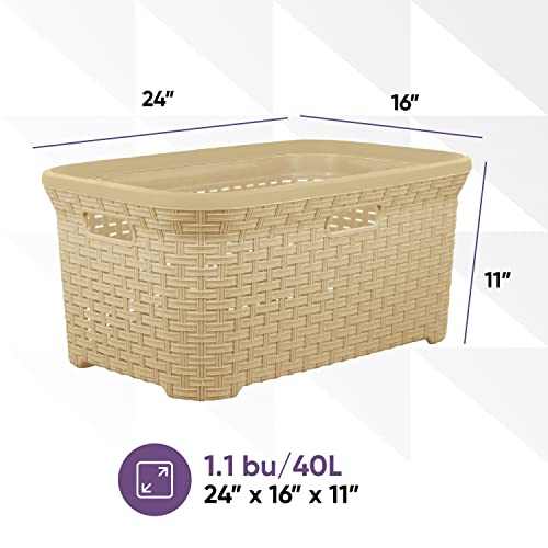 Designed Laundry Basket Plastic Storage Hamper Basket, Beige Cloths Basket Organizer with Cut-Out Handles. Space Saving for Laundry Room Bedroom Bathroom, Wicker Design 50 Liter