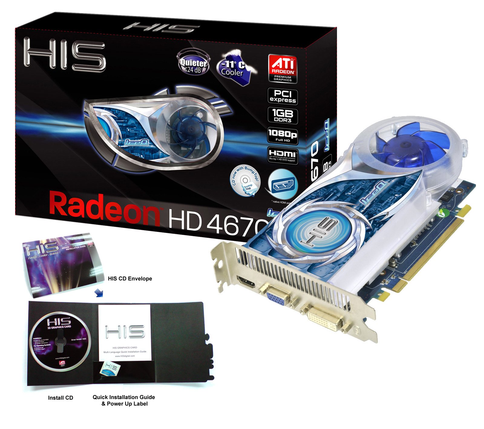 HIS H467QS1GH Radeon HD 4670 IceQ HDMI Dual DL-DVI HDCP 1 GB 128bit DDR3 PCI Express 2.0 X16 Video Card Retail (RoHS)