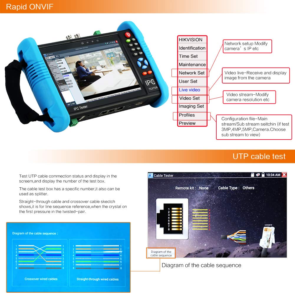 Koolertron Upgraded 7 inch IPS Touch Screen H.265 4K IPC-9800 Plus IP Camera Tester CCTV CVBS Analog Tester Built in WiFi with POE/WIFI/8G TF Card/HDMI Output/RJ45 TDR/Dual Window Test/Firmware