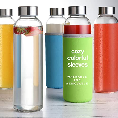 glass bottles 6 Pack 18oz - Includes 6 Sleeves (COLORS MAY VARY) - glass drinking bottles for Beverage and Juice - water bottle glass with stainless Steel Caps with - Leak-Proof Lid
