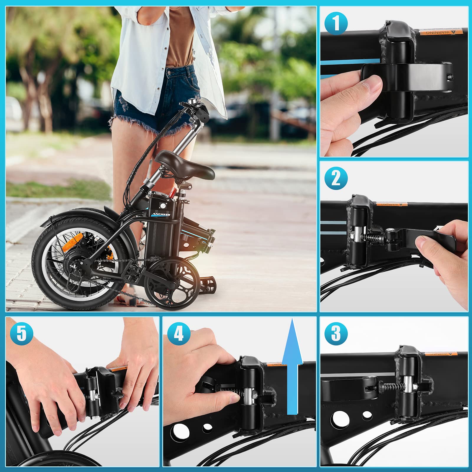 ANCHEER 16 inch Folding Electric Bike for Adults - Single Speed up to 15.5 Mph eBike with Removable Battery Mileage 30 Miles, Dual Disc Braking, 3 Riding Modes (Black)