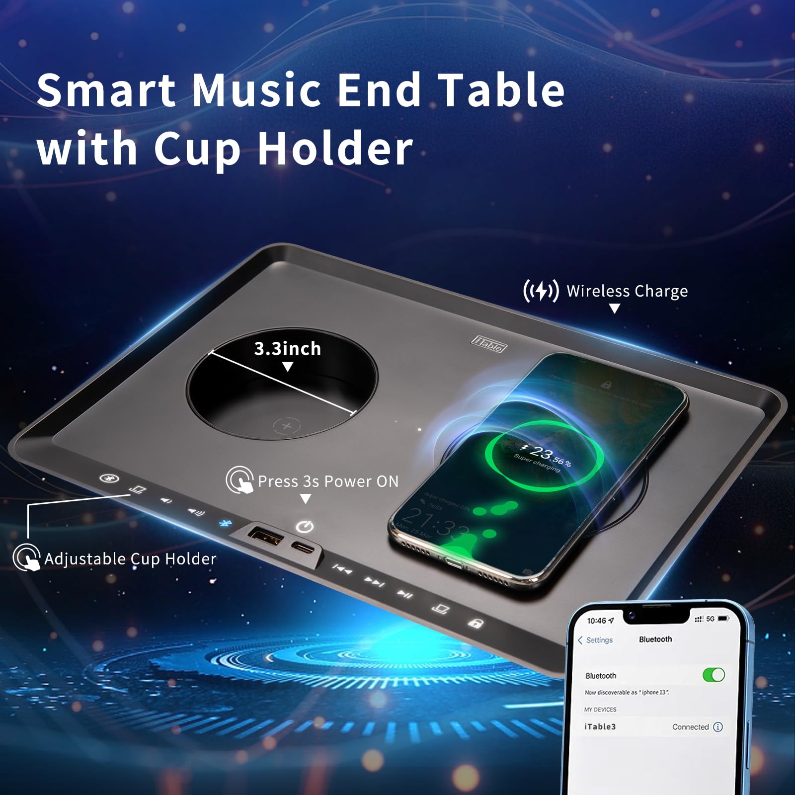 beyond SMART End Table with Audio,Upholstered Console, Modular Console with Cup Holder&Wireless Charging, Power Console Sofa Table, Almond