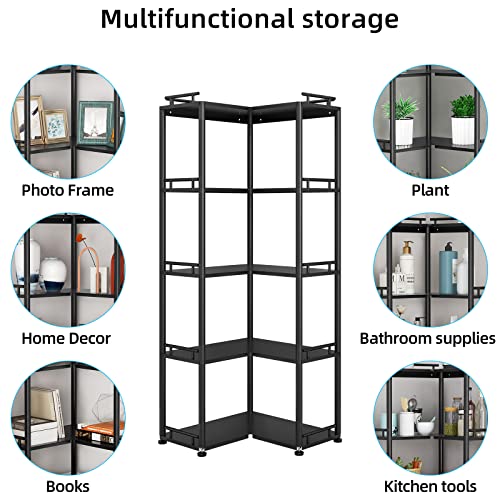 FLE 5 Tier Corner Shelf,Modern Corner Bookshelf Industrial Corner Ladder Shelf Small Bookcase Plant Stand for Living Room, Kitchen, Home Office (Black)