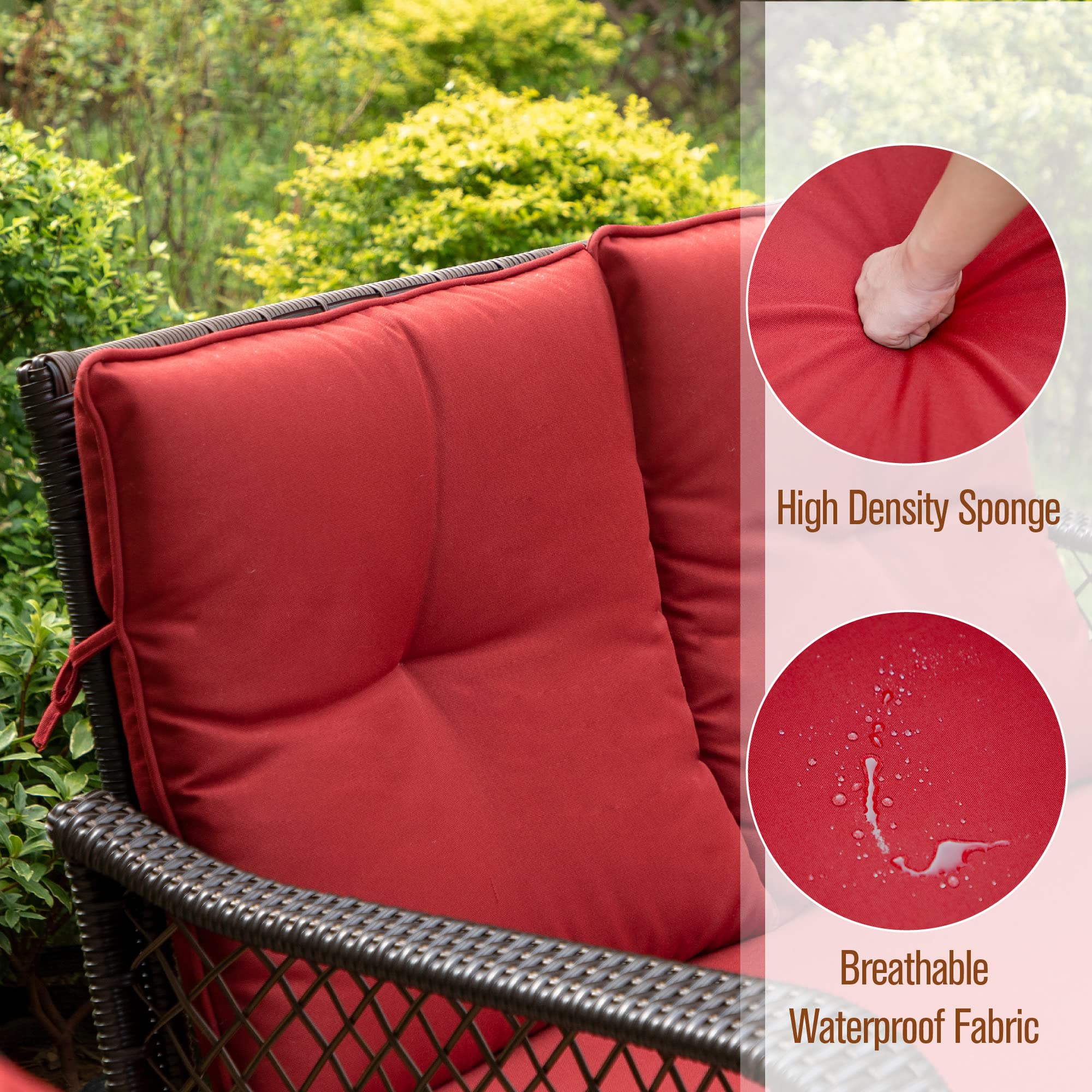 PHI VILLA 4 Piece Outdoor Wicker Patio Furniture Sets Clearance, Patio Wicker Conversation Sets All Weather Rattan Wicker Sofa with Cushions for Garden Lawn Deck, Brown & Red