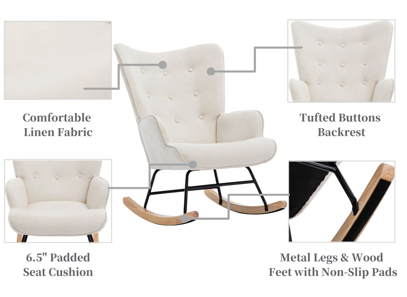 Accent Rocking Chair with Ottoman, Modern Tufted Button Wingback Glider Rocker Armchair with Solid Wood Legs, Beige