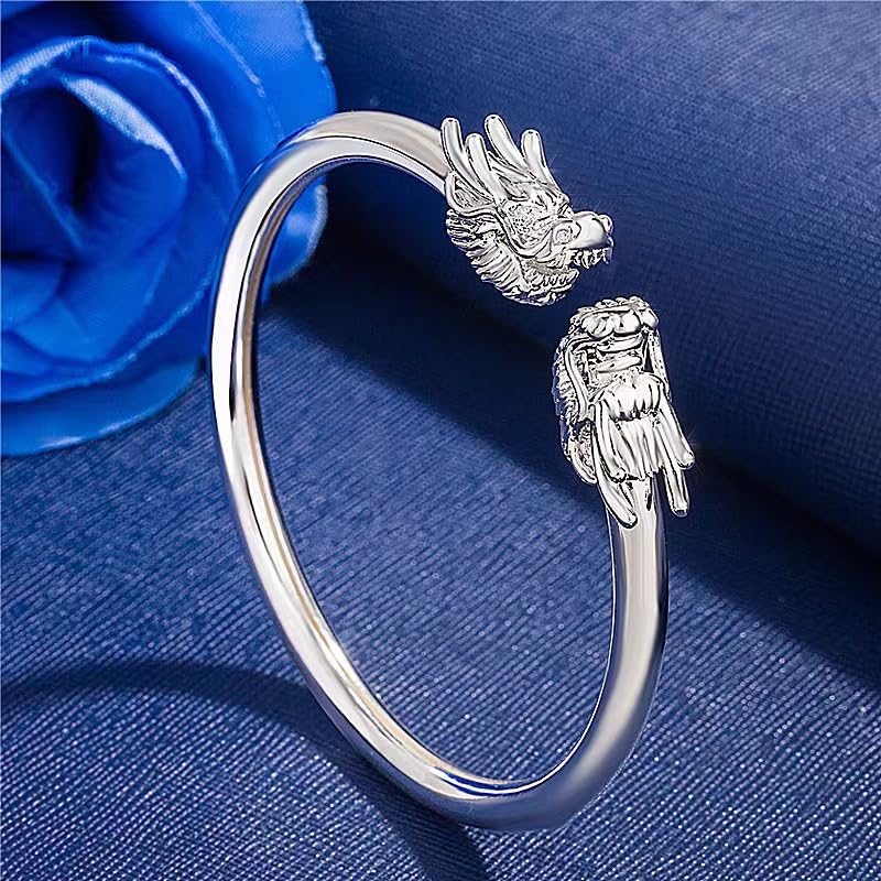 AdjustableSterling Silver Bangle Bracelet, Blue Diamond Bracelet,Sterling Silver Bracelet for Women,Women 925 Sterling Silver Bracelet Double Dragon's Head Cuff Bangle