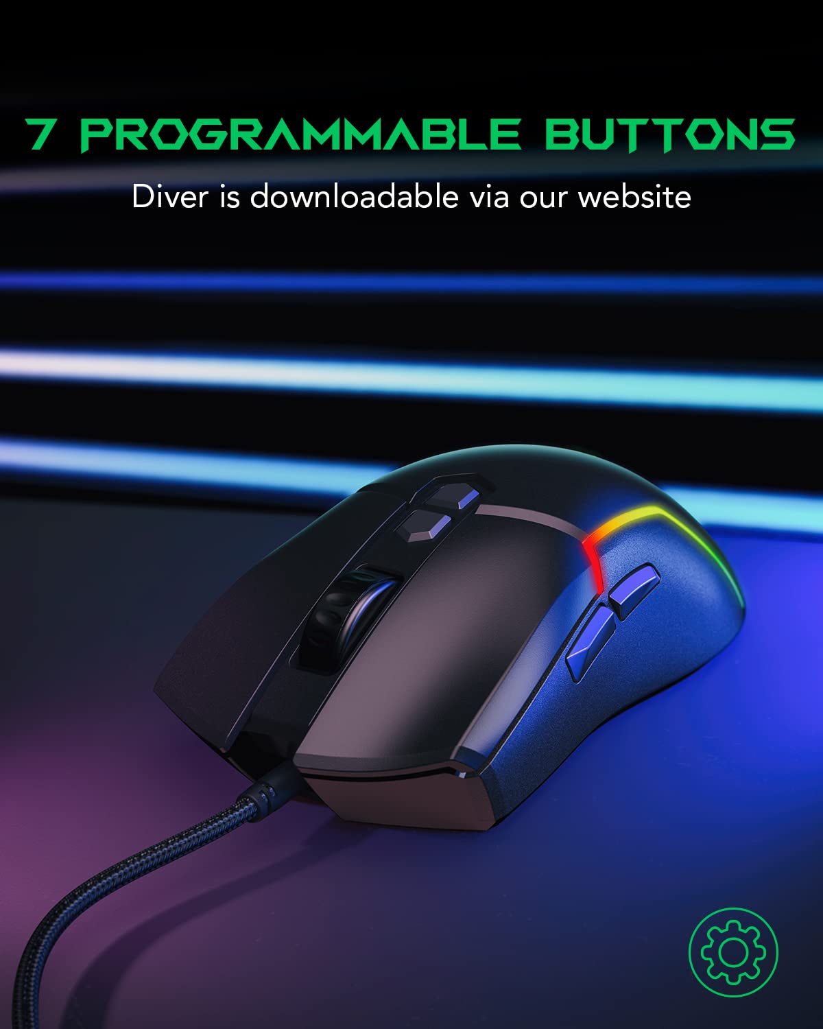 Black Shark Gaming Mouse Wired, USB Computer Ergonomic Mouse with 7 Adjustable DPI Up to 10,000, 7 Programmable Buttons, 5 Modes RGB Backlight, Optical Gamer Mice for Windows PC Laptop Mac