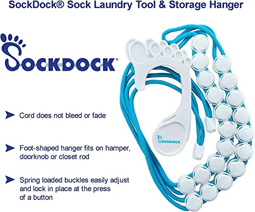 SockDock Sock Laundry Tool & Storage Hanger for Washing Drying & Storing Paired Socks, Clips & Locks, No Sorting or Matching, Foldable Closet Organizer Better Than Mesh Bag, 2-Pack (Blue)