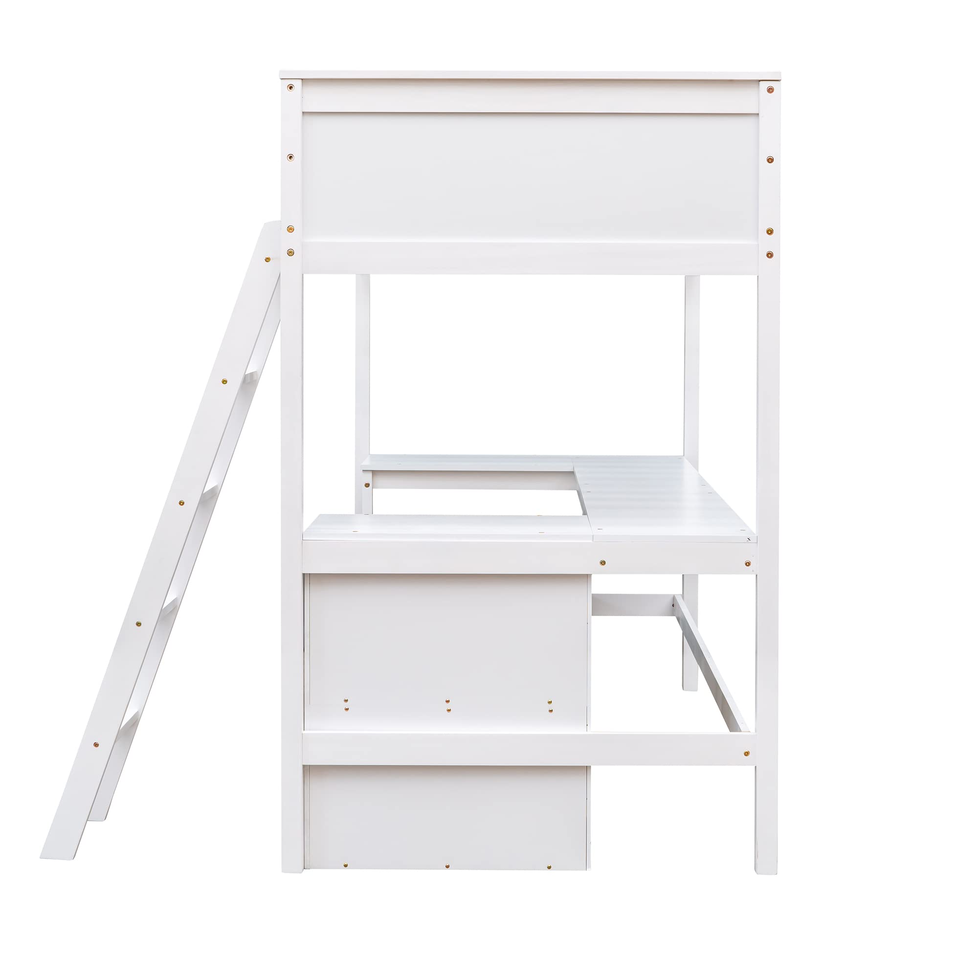 Harper & Bright Designs Twin Loft Bed with Desk and 3 Shelves, Solid Wood Twin Size Loft Bed Frame with Angled Ladder for Kids Teens Boys Girls, No Box Spring Needed (White)
