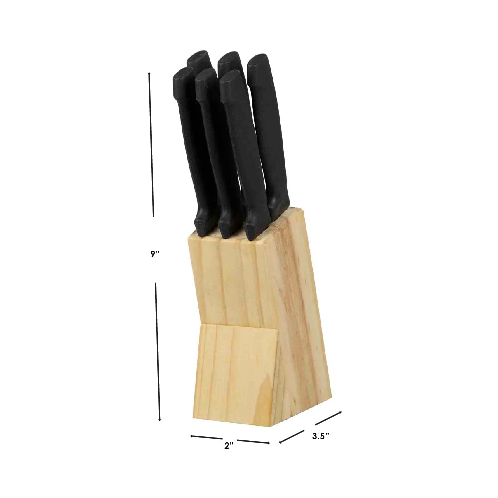 Home Basics 6 Piece Stainless Steel Knife Set with Wooden Block, Non Slip Handles, Black