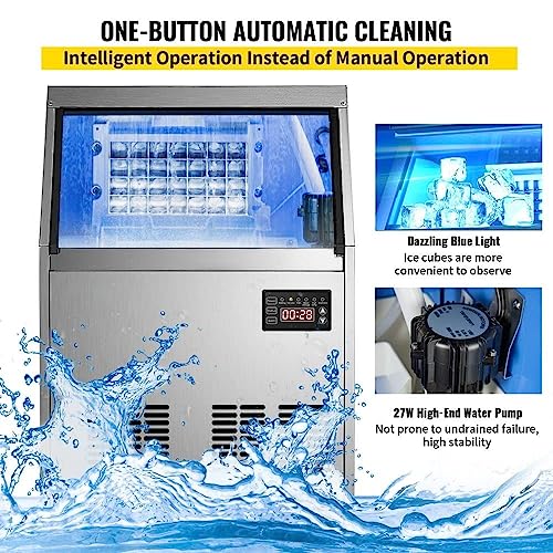 Commercial Stainless Steel Under Counter Ice Maker Machine with 33LB Bin - Automatic Operation, Water Filter, Scoop, Connection Hose - Makes 90-100LBS/24H - Ideal for Home Bar, Restaurant, and Office