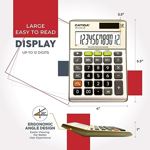 Desktop 12-Digit Business Calculator with Dual Power, Solar and Battery, for Basic, Finance and Tax Calculations, Desk Calculators for School or Office