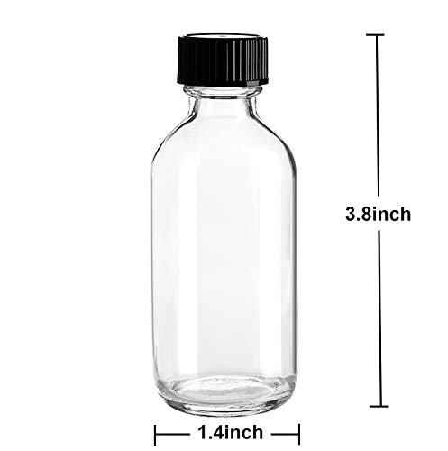 Bekith 30 Pack 2 oz Small Clear Glass Bottles, Boston Round Sample Bottles with Black Poly Cone Cap for Juice, Ginger Shots, Oils, Whiskey, Liquids