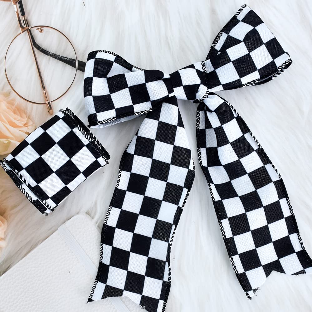 TONIFUL 2.5 Inch Black and White Wired Edge Ribbon, Plaid Check Burlap Ribbon, Blakc White Wired Ribbon for Gift Wrapping, Wreath Bows Making, Crafts Home Party Christmas Tree Decoration(Check,6yds)