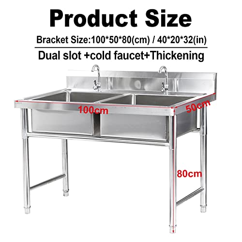 Commercial/Industrial Sink,2 Compartment Outdoor Garage Sink,Freestanding Kitchen Stainless Steel Sink w/Workbench & Storage Shelves, Prep & Utility Washing Hand Basin for Laundry. ( Size : 100*50*80+
