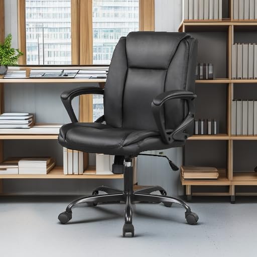 PayLessHere PU Leather Task Chair Home Office Chair Ergonomic Desk Chair with Lumbar Support and Armrests Adjustable Features with Mid Back Swivel Executive Computer Chair (Black)