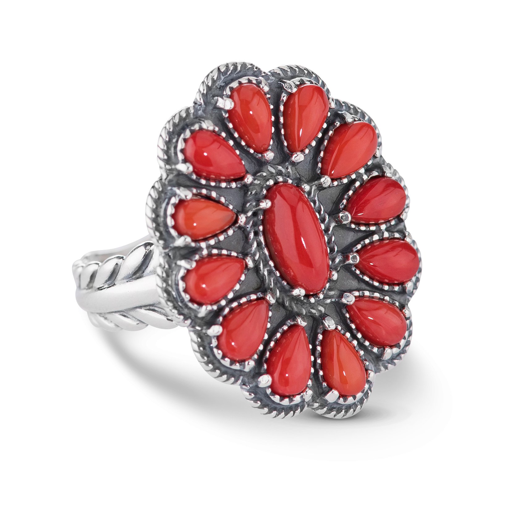 American West Sterling Silver Red Coral Gemstone Cluster Ring Size 7