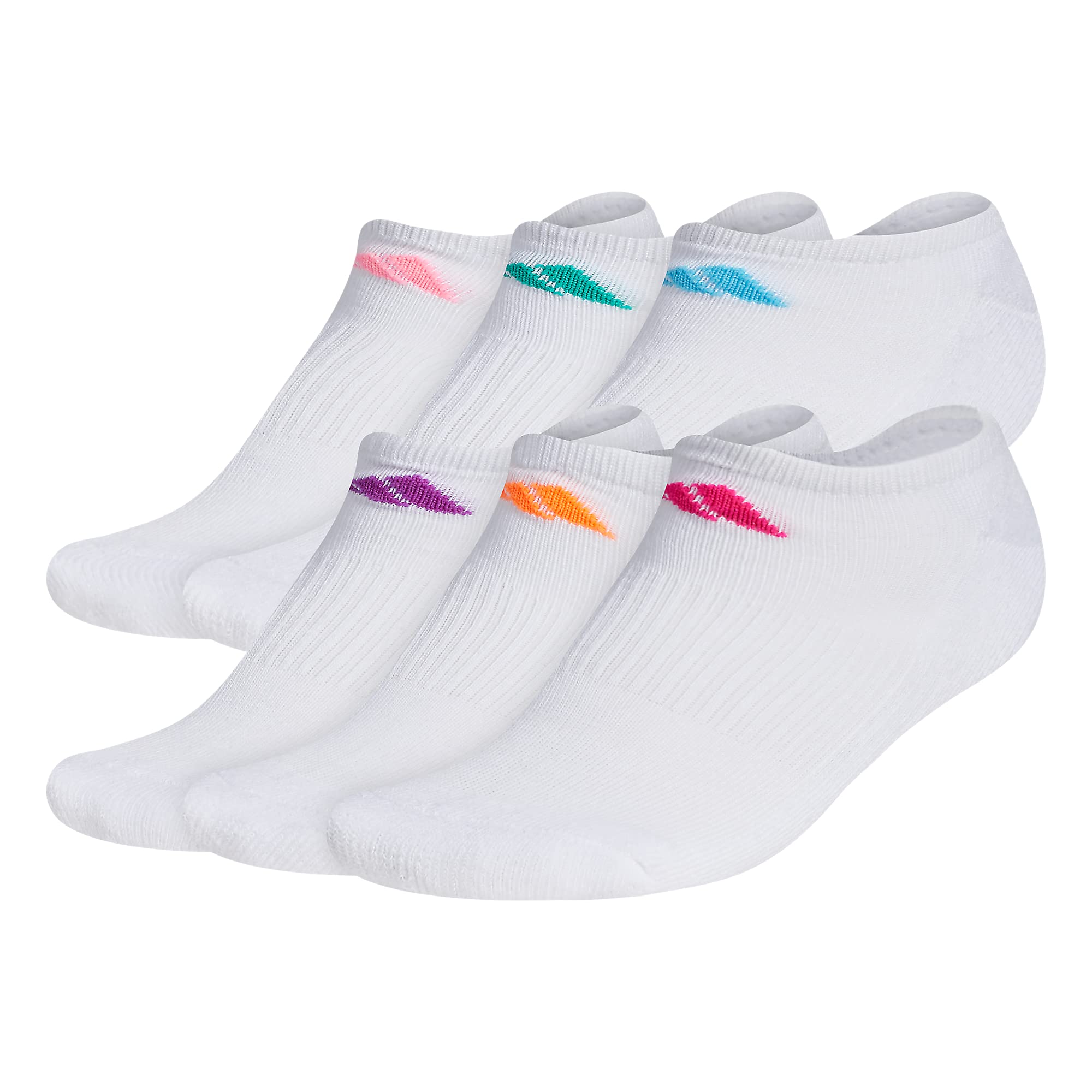 adidas Women's Athletic Cushioned No Show Socks (6-Pair) Low Profile Look with Arch Compression for a Secure fit, White/Shock Pink/Bright Cyan, Medium