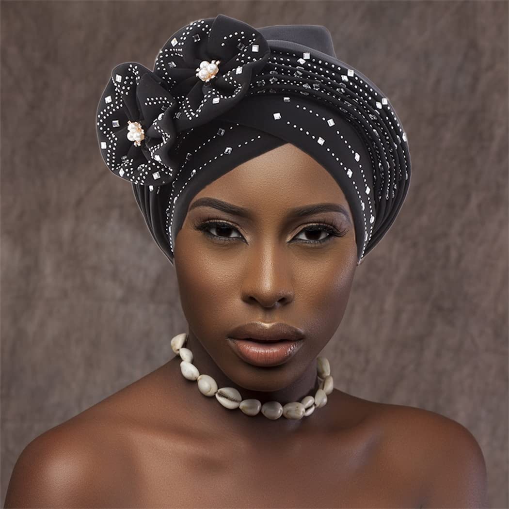 African Flower Turban Black Pre-Tied Headwrap Crystal Bonnet Beanie Cap Headbands for Women