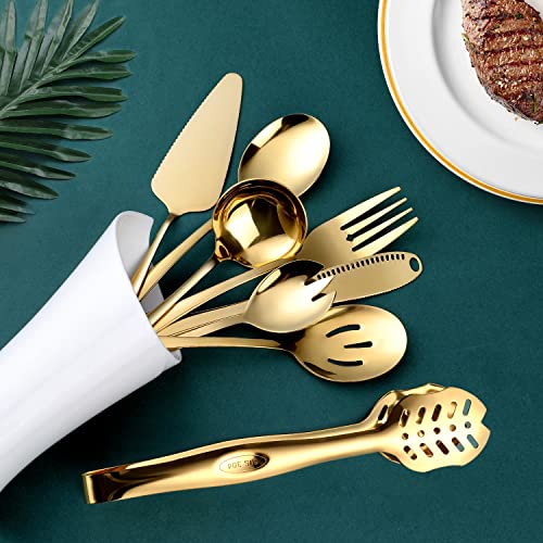 Gold Serving Utensils, OGORI 8-Piece Polished Stainless Steel Flatware Silverware Set Include Serving Spoon, Slotted Spoon, Soup Spoon, Cake Server, Fork, Salad Fork, Butter Knife, Serving Tong