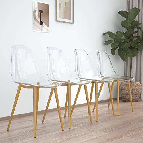 Glass Dining Table Set for 4, 51 inch Dining Table & Chair Sets with Light Wood Metal Legs for Kitchen, Modern Rectangle Tempered Glass Table Top and Transparent Plastic Dining Chair for Dining Room