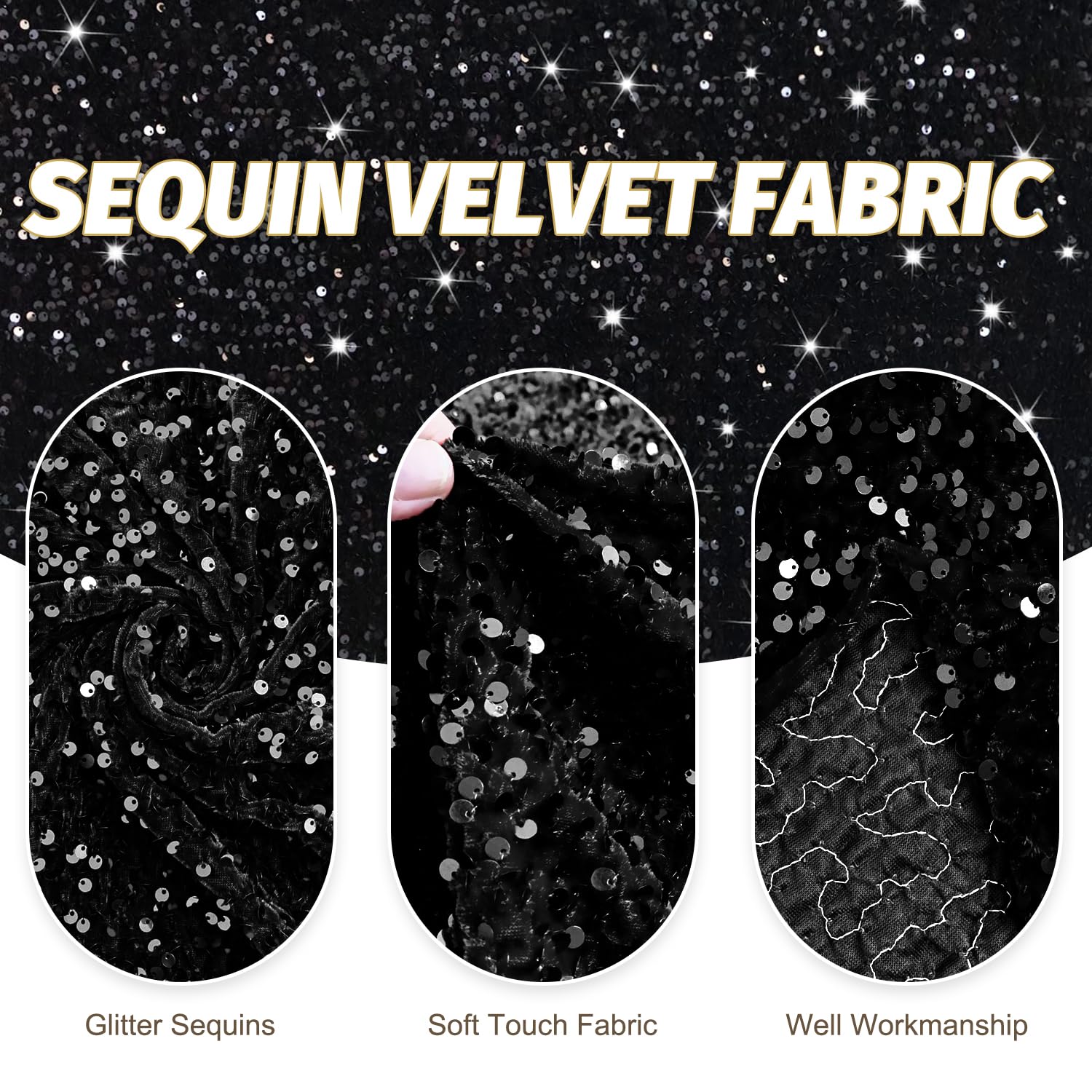 FOTSHARER Black Sequin Fabric by The Yard 1 Yard Velvet Fabric for Sewing Flip Sequins Material Sparkle Sequence Fabric Stretch Glitter Material for Wedding Dress Banquet Thick Quilting Mesh Fabric
