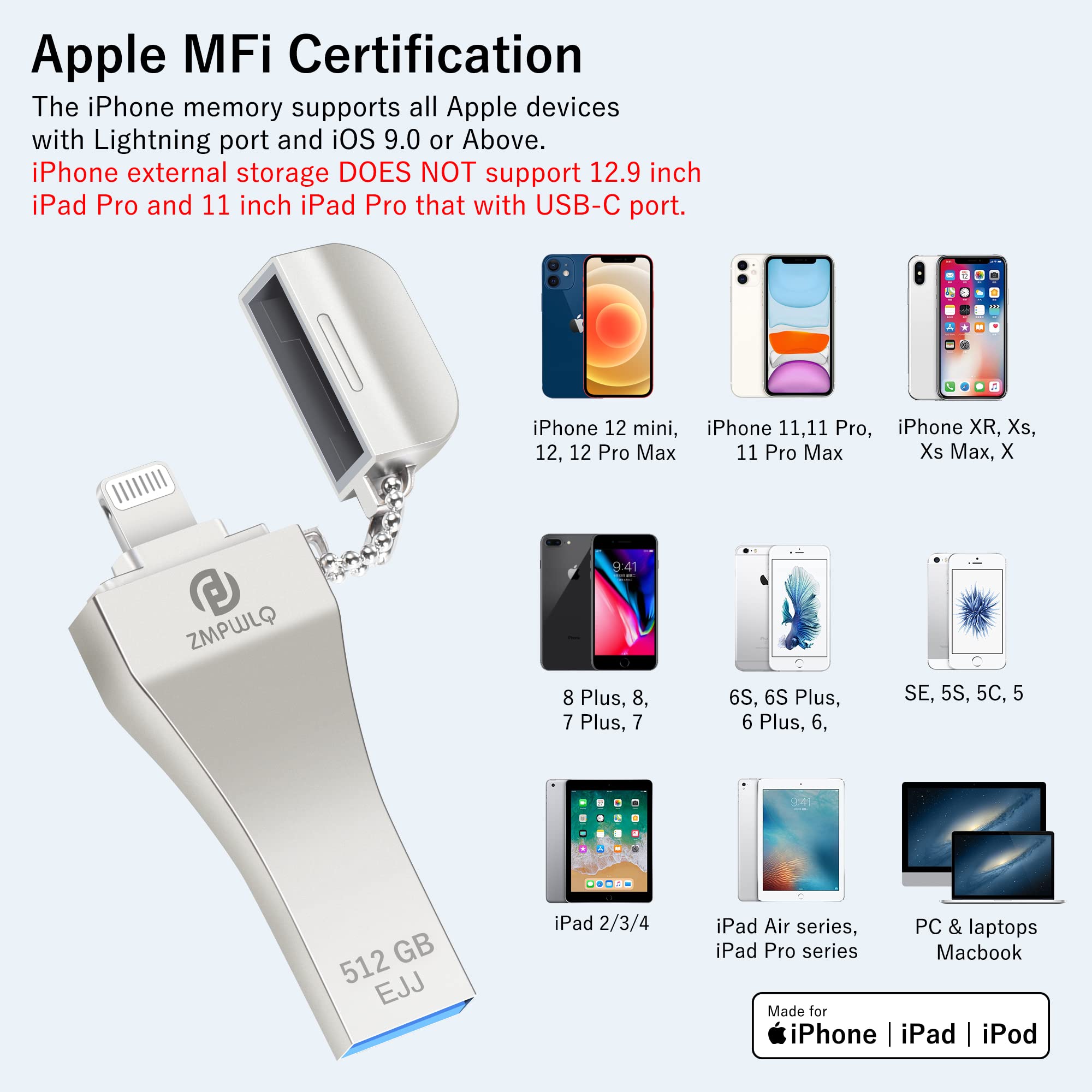 PL ZMPWLQ Photo-Stick for iPhone/iPad 512GB with Apple MFi Certified External Storage Thumb-Drive for Backup-Flash-Drive, USB Memory Stick for Laptop/PC 1PC