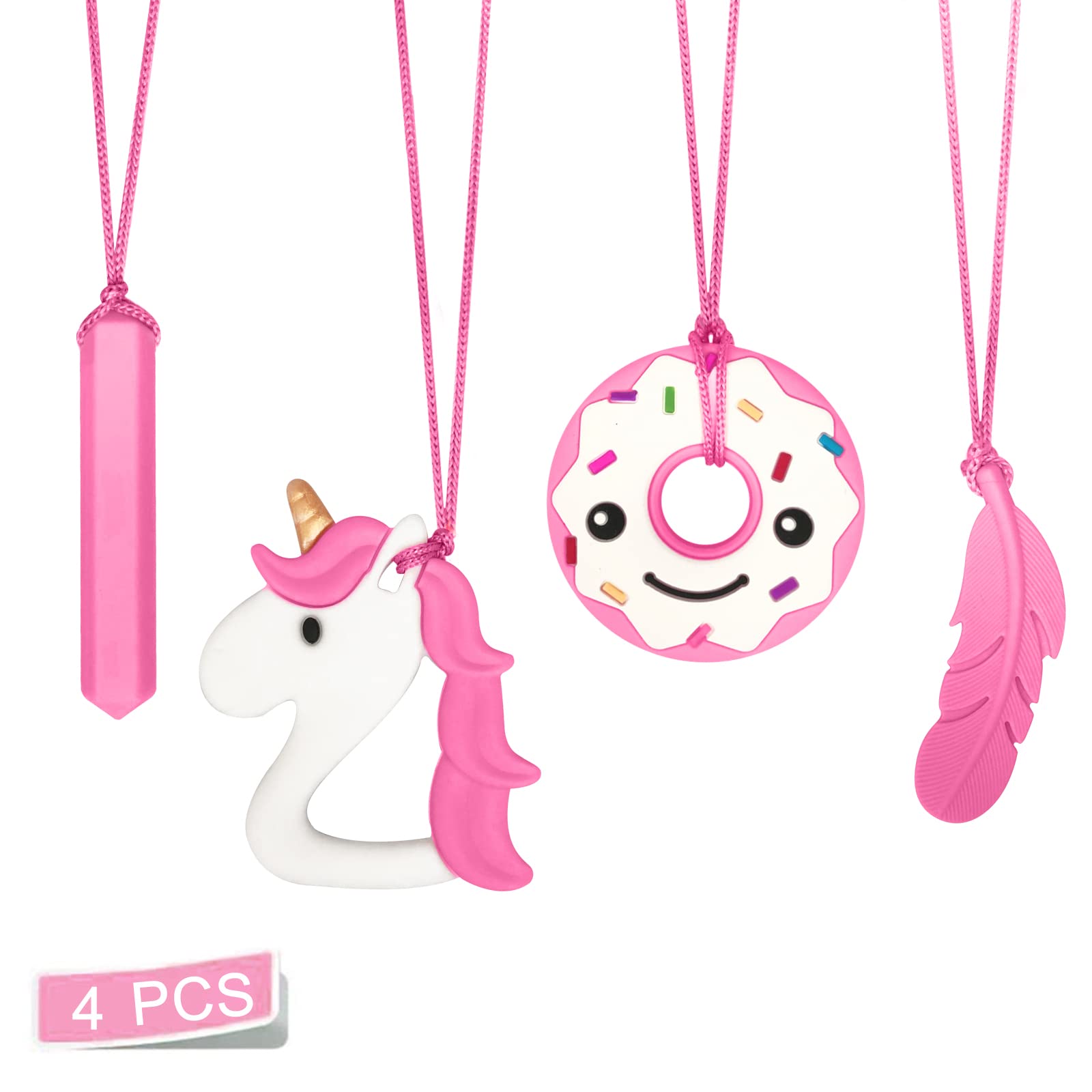 Chew Necklace for Girls-4 Pcs Silicone Chewy Necklaces for Kids or Adults That Like Biting or Have Autism,ADHD,SPD,Teething,Oral Motor Chew Toys Sensory(Pink)