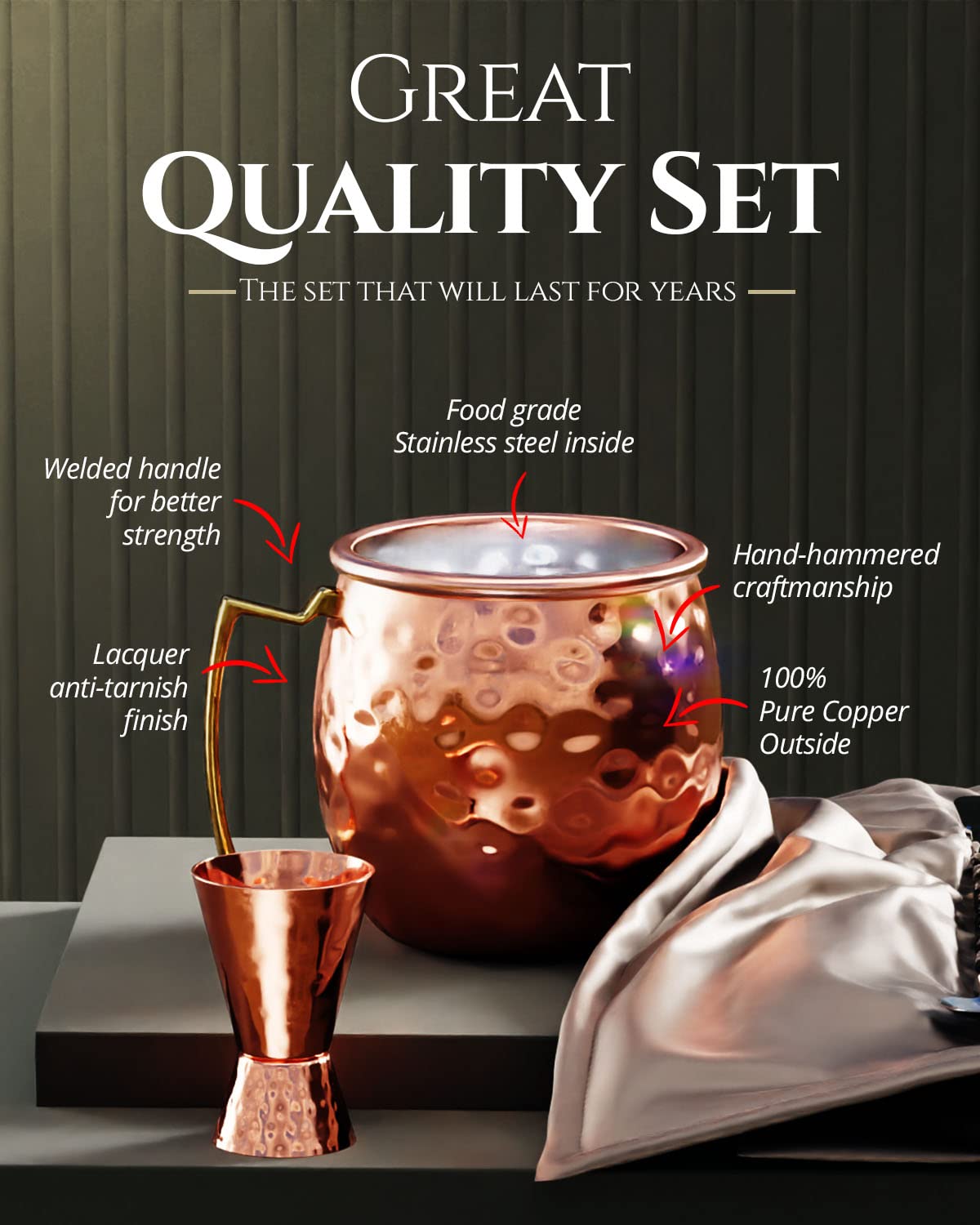 B. WEISS Moscow Mule Copper Mugs, Set Of 4 Brass Handle Copper Cups For Drinking, Each Mug is Handcrafted - Food Safe (Copper Plated Stainless Steel) (Set of 4)