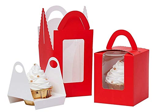 Walk Arrive Cupcake Box Clear Display Window with Strong Handle and Secure Insert Cake Box Bakery Box Cupcake Carrier Cupcake Holder Container for Baby Shower Wedding Birthday Festival Party (10, Red)