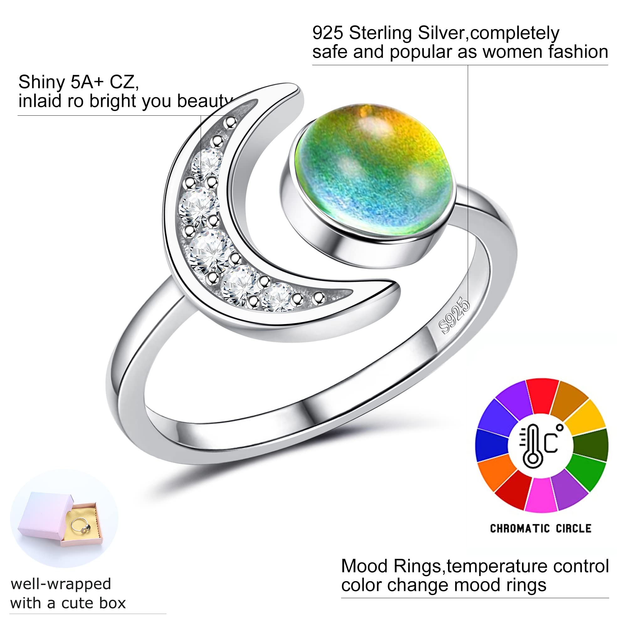 ADRAMATA 925 Sterling Silver Mood Ring Moon Star Open Adjustable Rings for Women 18K White Gold Plated Color Changing Rings Temperature-Control Star and Moon Rings Statement Jewelry, Round