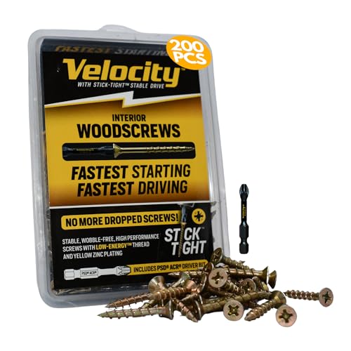 Velocity Interior 1 1/2 Inch Wood Screws DIY Pack (Size #6, 200 Pcs) – Zinc and Yellow Coating, Stick-Tight Technology, Screw for Wood Working with PSD ACR Driver Bit