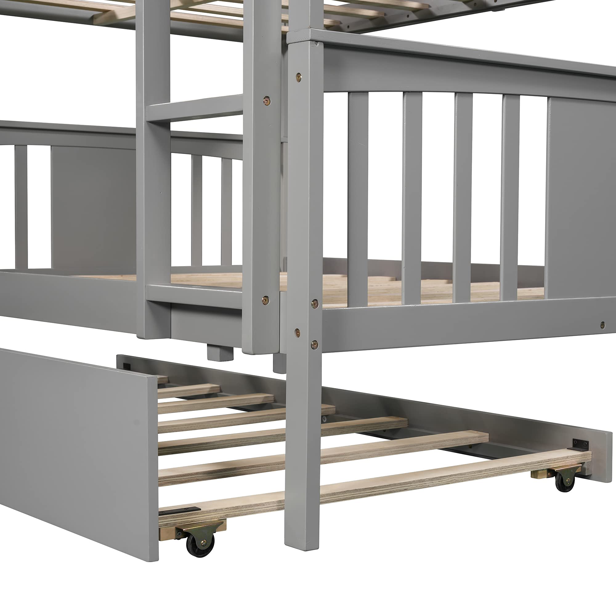 Harper & Bright Designs Full Over Full Bunk Bed with Trundle, Solid Wood Bunk Bed with Ladder for Bedroom, Guest Room Furniture – Gray