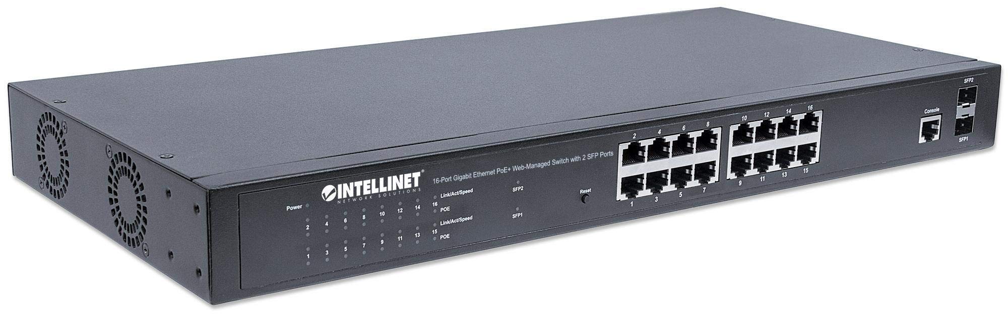 Intellinet 16 Port Gigabit Managed PoE Switch - POE Power Budget of 220W, 2 SFP Slots, Self-Healing, IPv4/v6, 19" Rackmount –3 Yr Mfg Warranty- 561341