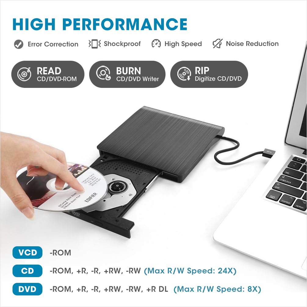 ROOFULL External CD DVD Drive USB 3.0 Portable DVD & CD-ROM +/-RW Player Burner Reader Writer Rewriter Adapter Optical Disc Drive for Laptop PC Windows 11/10/8/7 Mac Linux Desktop Computer