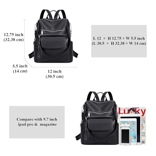 ALTOSY Genuine Leather Backpack Purse for Women Large Convertible Shoulder bag Ladies Crossdody Bag with Tassel(S115 Black)