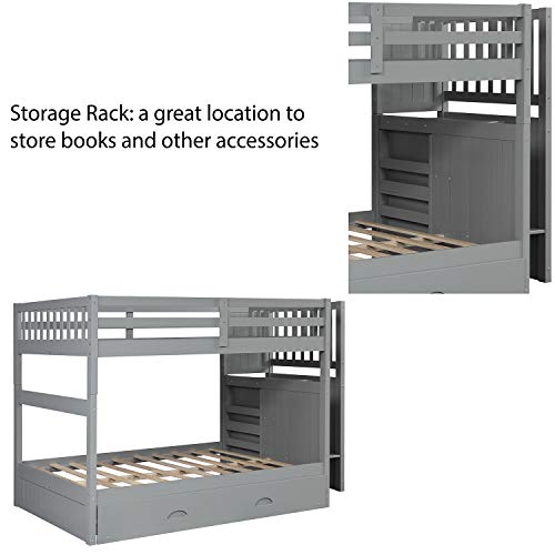 Harper & Bright Designs Bunk Beds Full Over Full Size, Wood Full Bunk Bed with Trundle Bed, Bunk Beds with Stairway for Kids Teens Adults, No Spring Box Needed (Grey, Can be Convertible to 2 Beds)