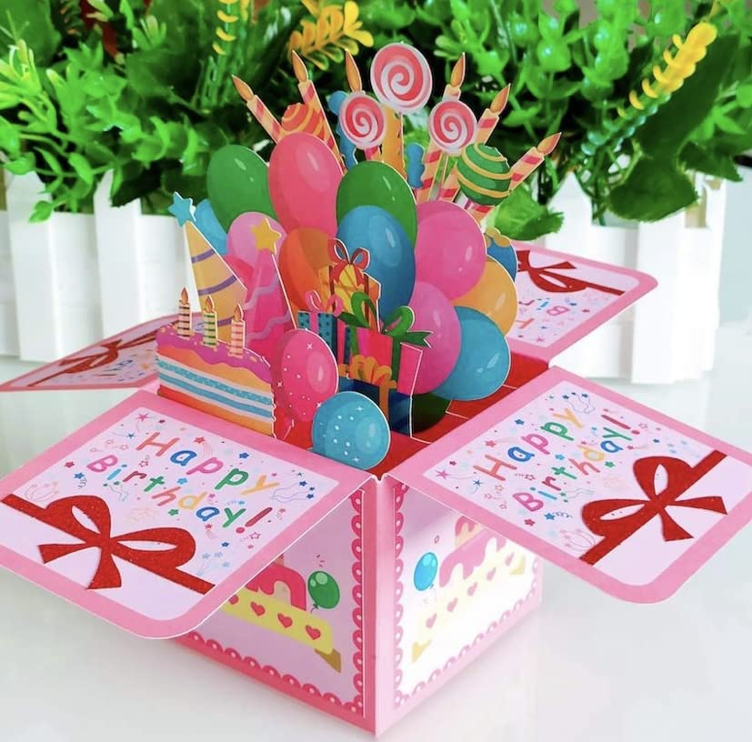 Get Your Merch 3D Popup Happy Birthday Card, Ideal for Sharing a Birthday, Sending a Congratulations, Greeting Card with Envelope and Unique Design- Pink