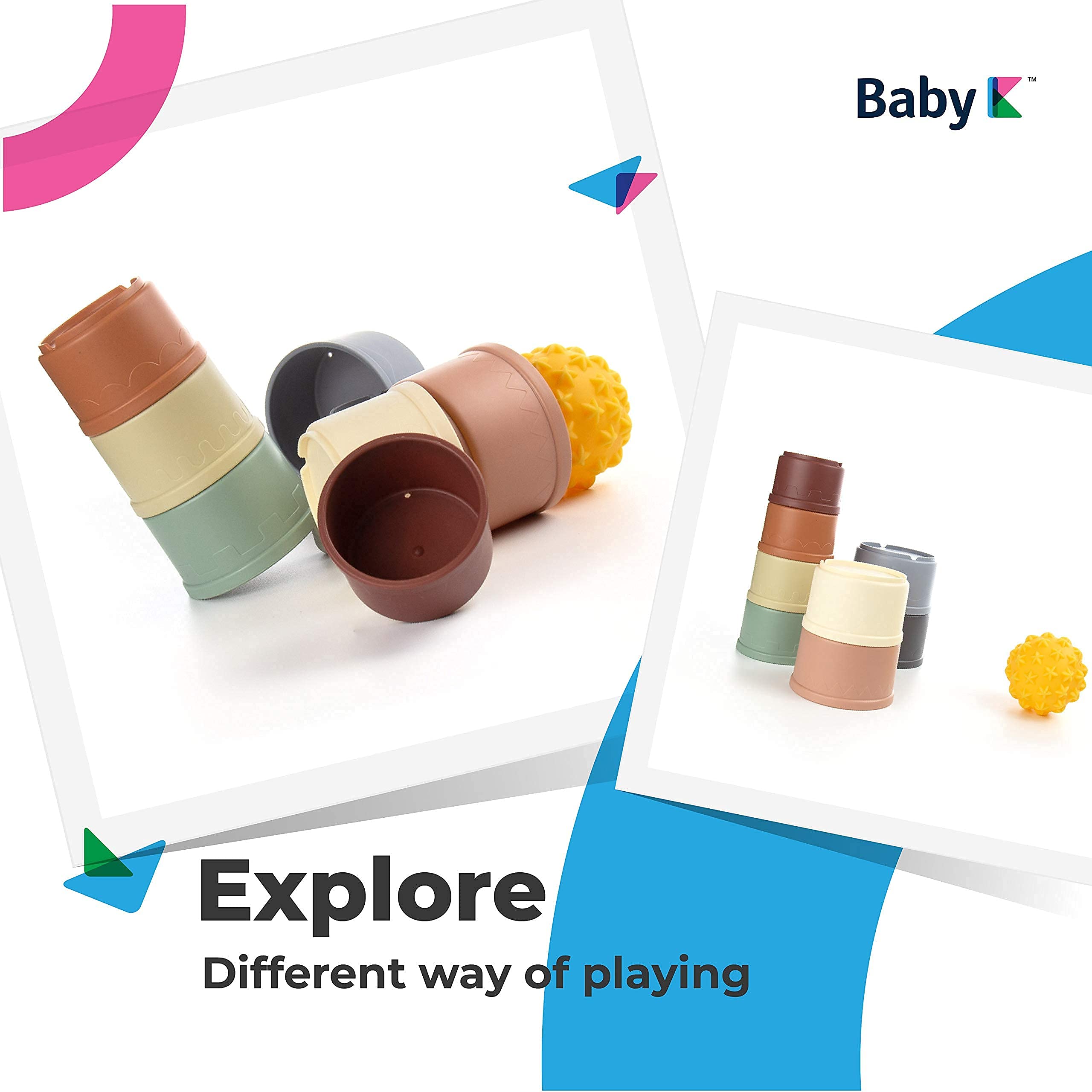 BABY K Baby Stacking Cups Toy (9 Pieces) - Silicone Stacking Cups for Babies 6-12 Months - Nesting Cups Baby Toy with Sensory Baby Ball Toy and Growth Journal - Stackable Cups for Baby Motor Skills