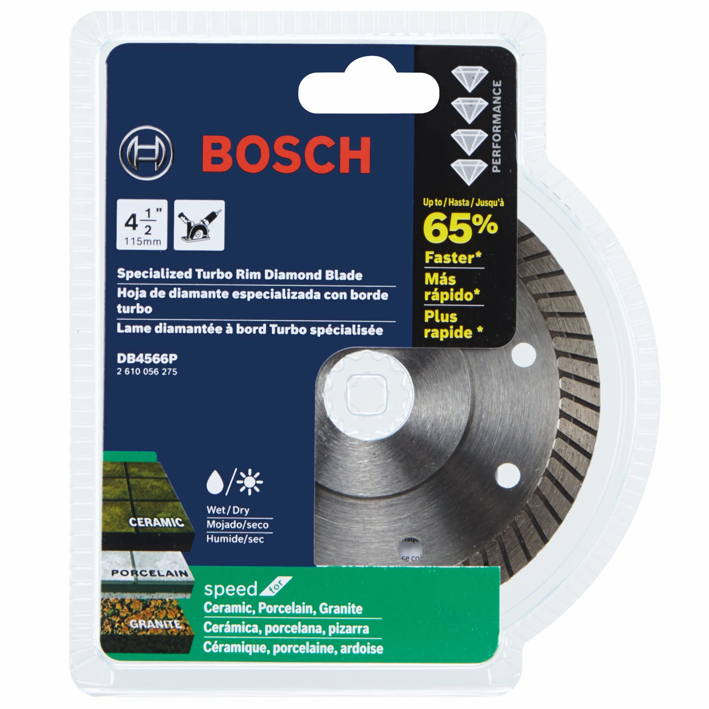 BOSCH DB4566P 4-1/2 In. Specialized Turbo Rim Diamond Blade with 5/8 In., 7/8 In. Arbor for Fast Cut Wet/Dry Cutting Applications in Ceramic, Porcelain, Granite