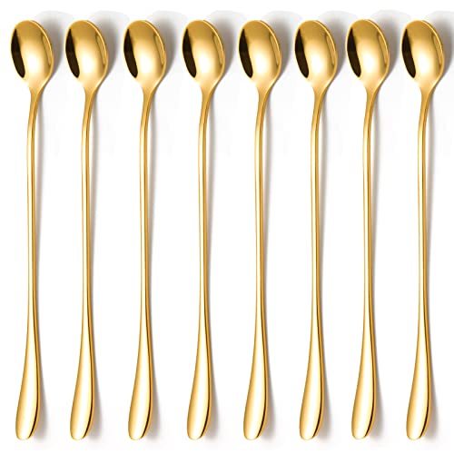 Gold Ice Teaspoons Set of 8 Pieces, 7.7 inch Long Handle Spoon, Stainless Steel Coffee Spoons, Cocktail Mixing Spoons, Mirror Polished Bar Spoon