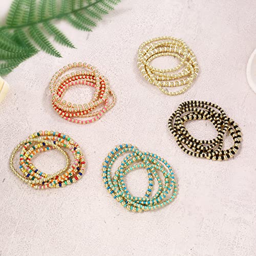 CONRAN KREMIX Gold Beaded Bracelets 14K Gold Plated Bead And Pink Heishi Clay Bead Stackable Stretch Bracelet Set Gold Jewelry For Women