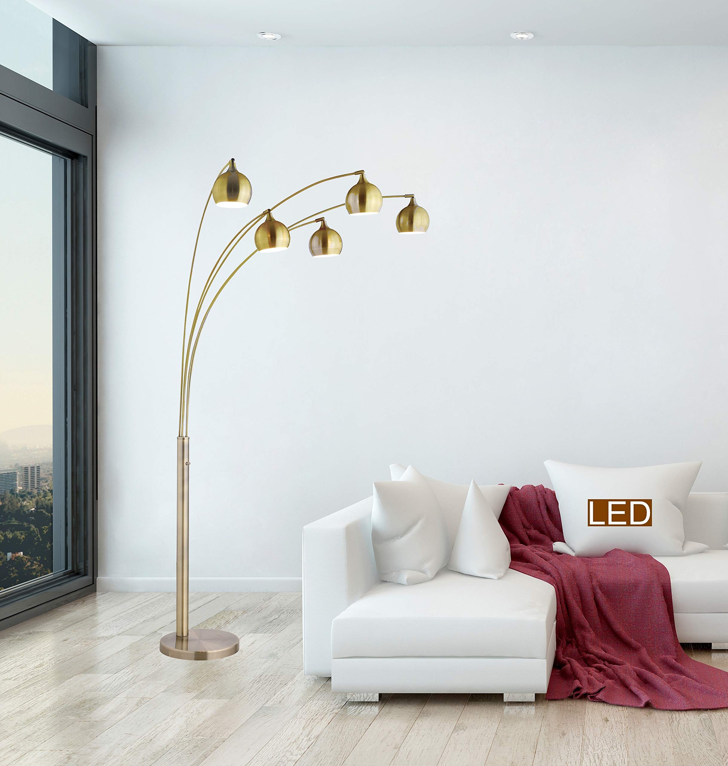 Artiva USA LED9656FAB Amore 86" 5-Arched LED Floor Lamp with Dimmer, Antique Satin Brass