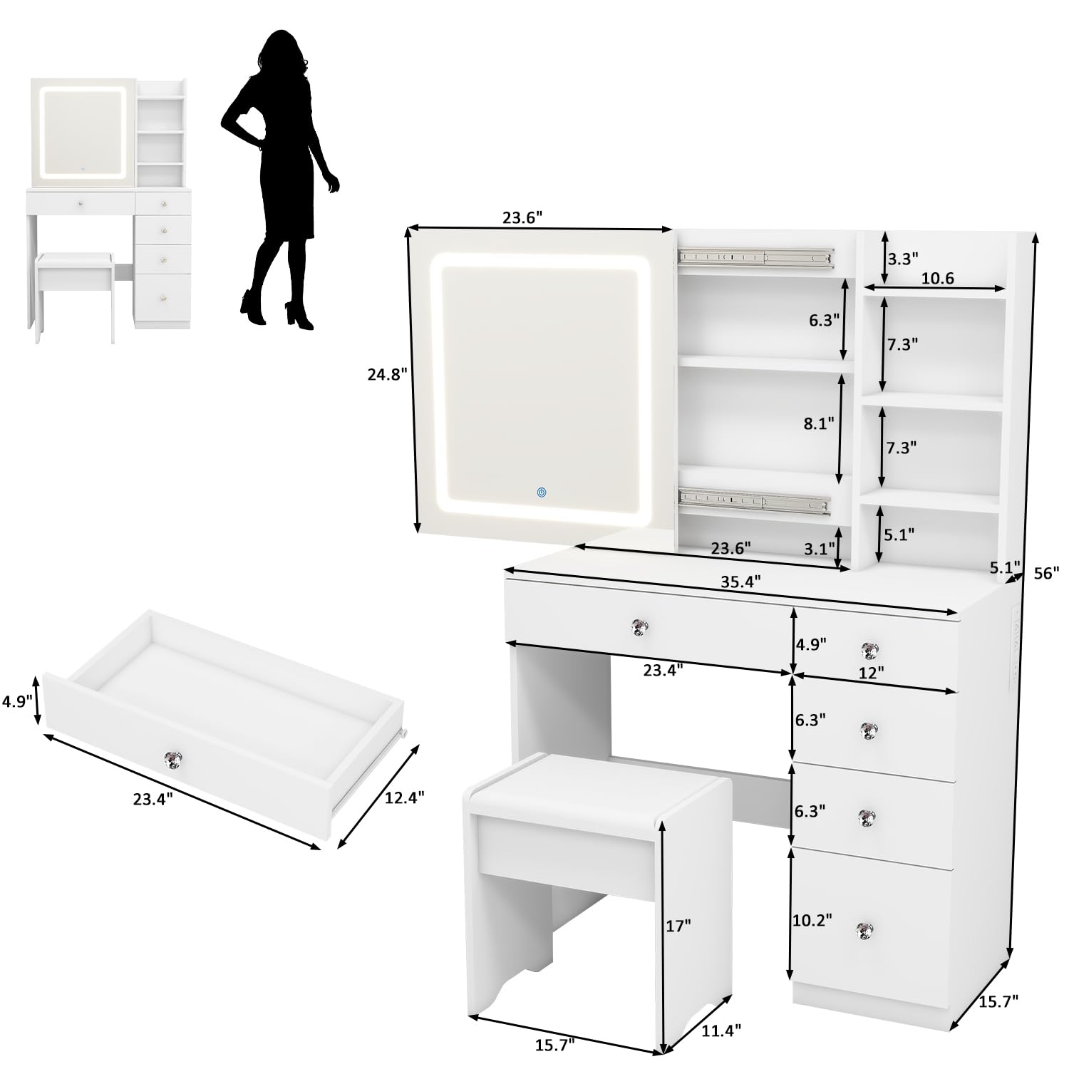 Sokiche Makeup Vanity Desk with Sliding Mirror and LED Lights & Charging Station, 35.4" White Vanity Table Set with 5 Drawers & 7 Shelves,3 Light Modes, Dressing Table for Bedroom,Stool Include, White
