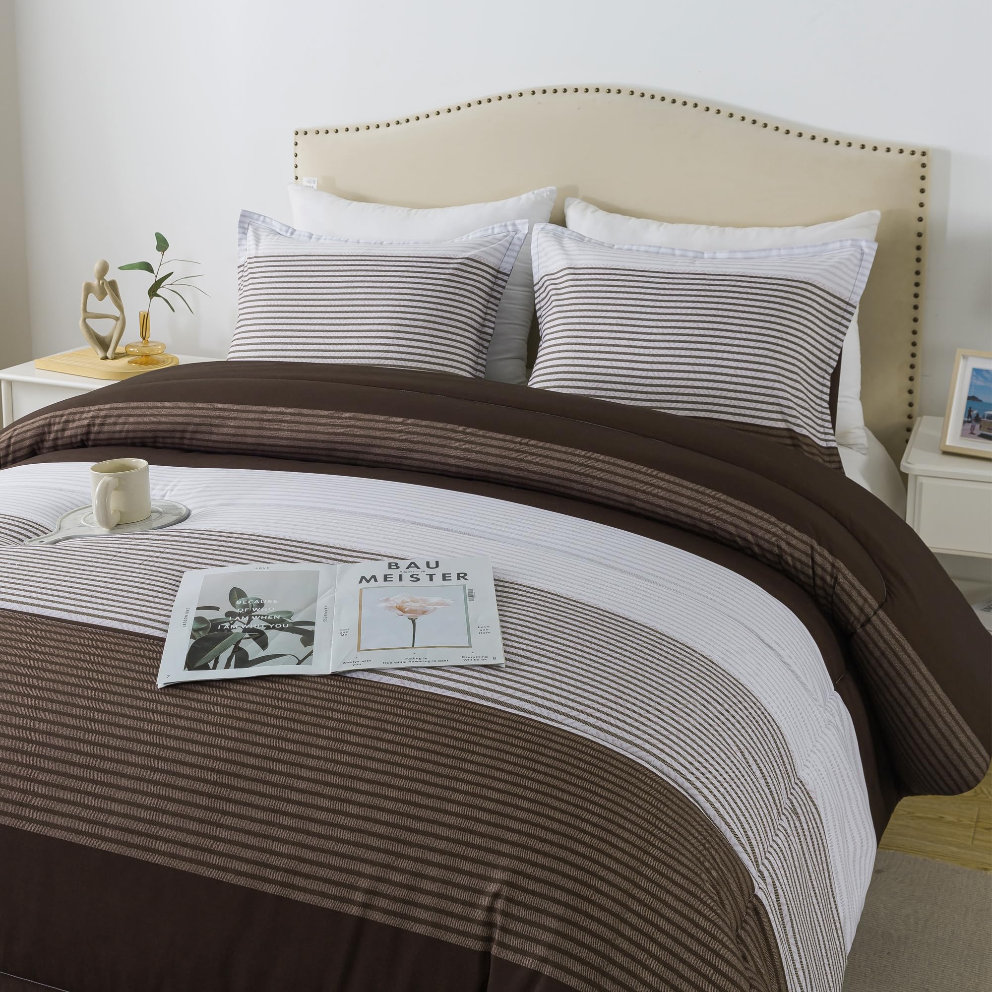 Andency Stripe Comforter Set Queen Size (90x90 Inch), 3 Pieces Brown Patchwork Striped Comforter, Soft Microfiber Down Alternative Comforter Bedding Set with Corner Loops